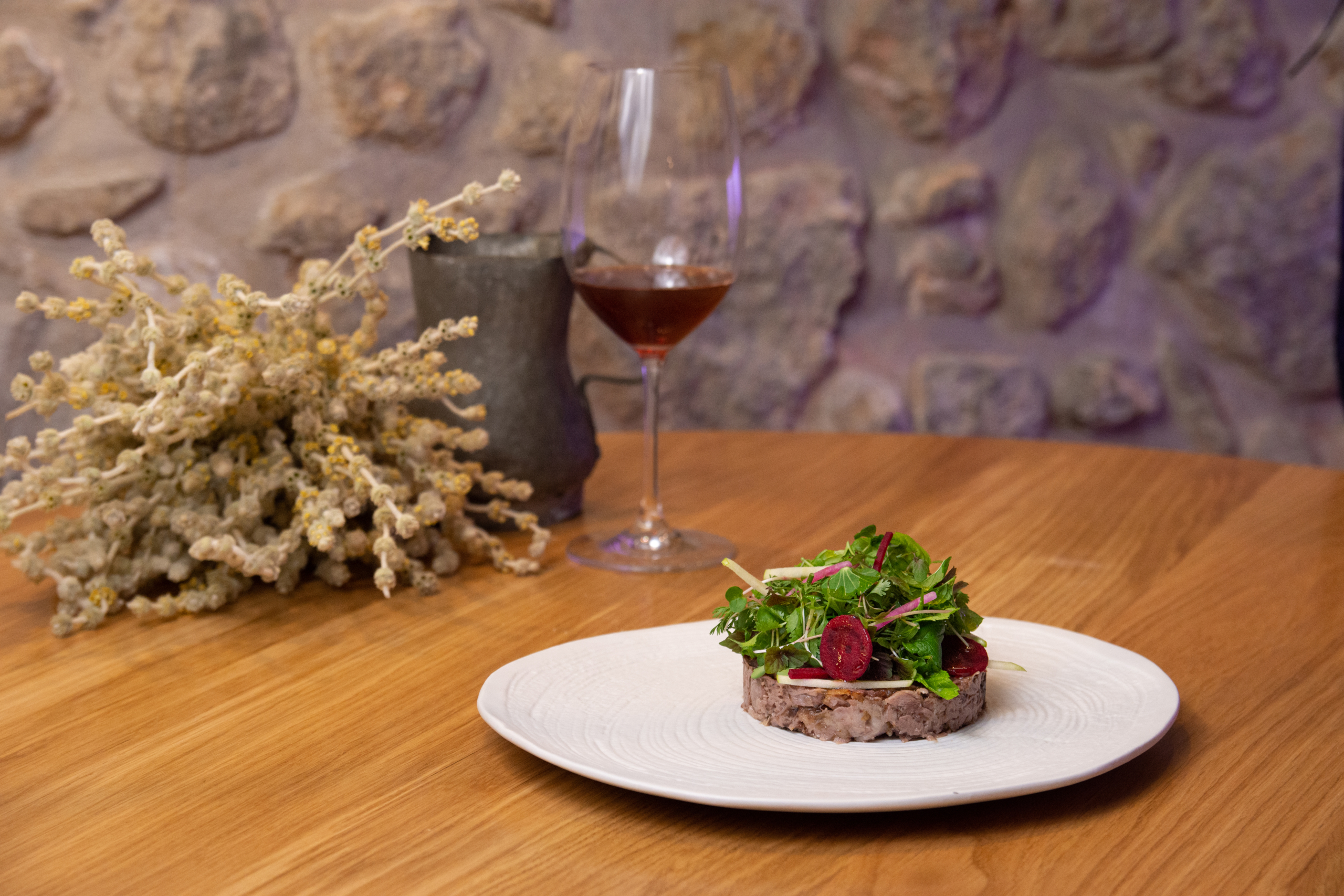 Lamb kavourmas (cured lamb) with green apple with a glass of Marouvas ...